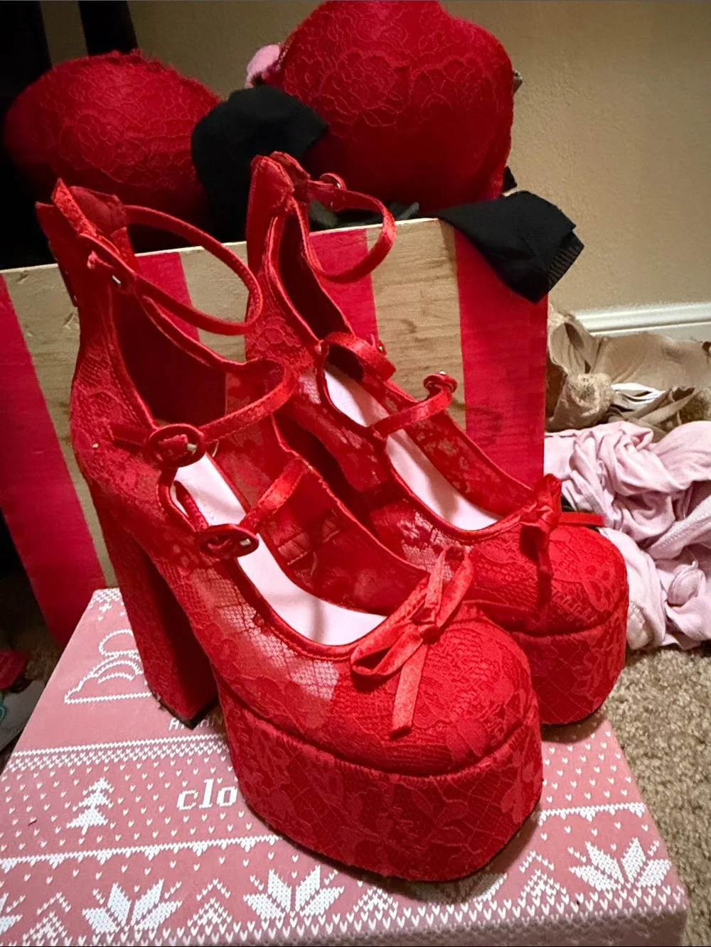 Sugar Thrillz | Shoes | Dollskill Red Lace Platform Mary Jane Heels ...
